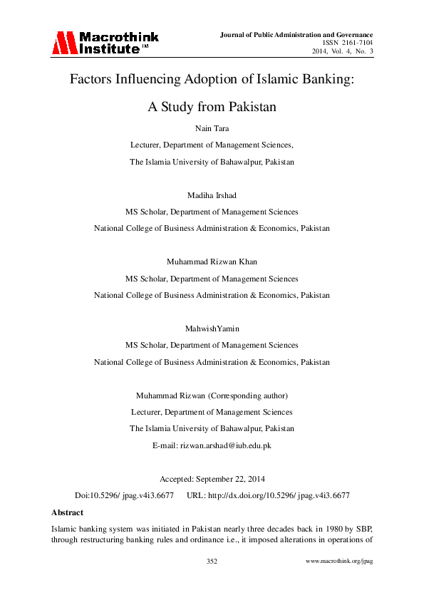 (PDF) Factors Influencing Adoption of Islamic Banking: A Study from Pakistan