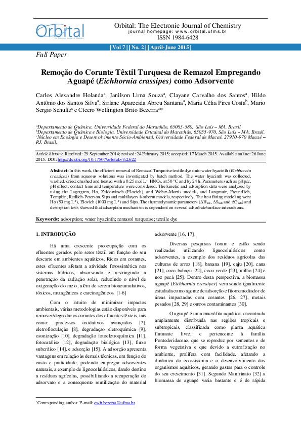 (PDF) Remoção do Corante Têxtil Turquesa de Remazol Empregando Aguapé ...