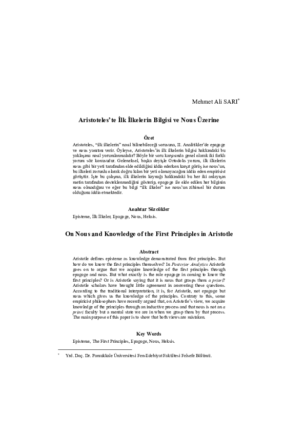 (PDF) On nous and knowledge of the first principles in Aristotle