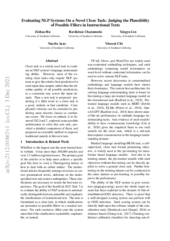 (PDF) Evaluating NLP Systems On a Novel Cloze Task: Judging the Plausibility of Possible Fillers ...