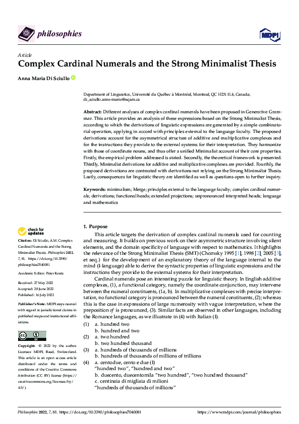 (PDF) Complex Cardinal Numerals and the Strong Minimalist Thesis