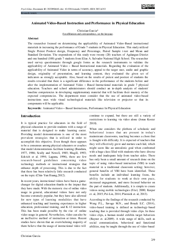 (PDF) Animated Video-Based Instruction and Performance in Physical ...