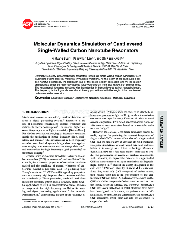 (PDF) Molecular Dynamics Simulation of Cantilevered Single-Walled Carbon Nanotube Resonators