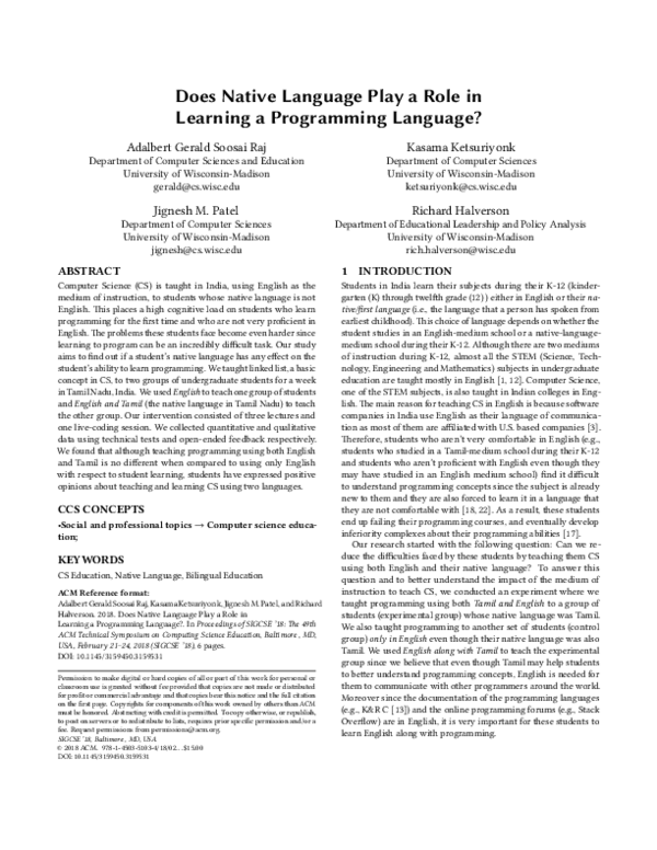 (PDF) Does Native Language Play a Role in Learning a Programming Language?