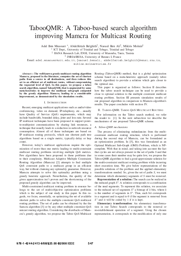 (PDF) TabooQMR: A Taboo-based search algorithm improving Mamcra for multicast routing | Adel Ben ...