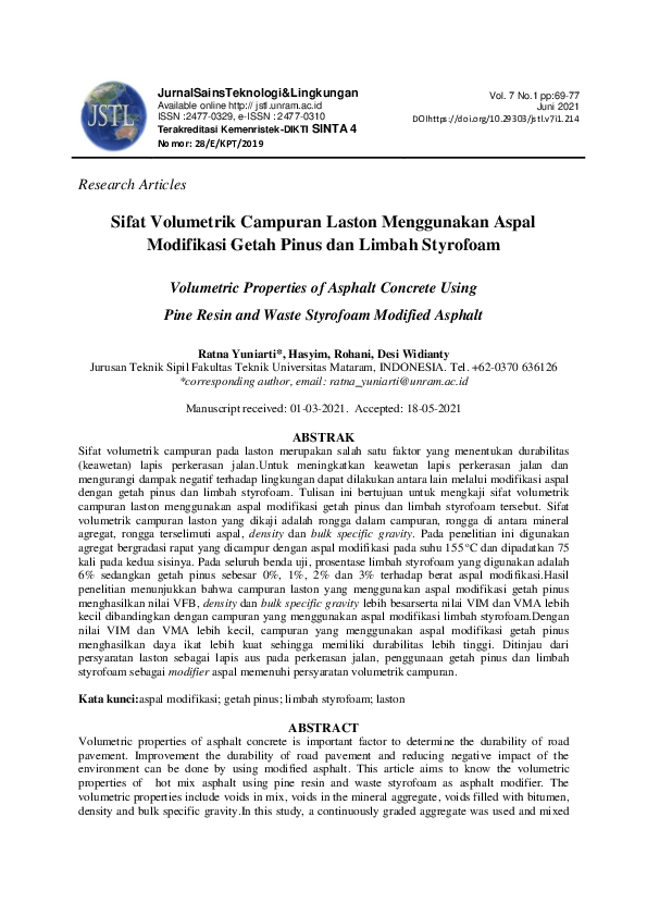 (PDF) Sifat Volumetrik Campuran Laston Menggunakan Aspal Modifikasi ...