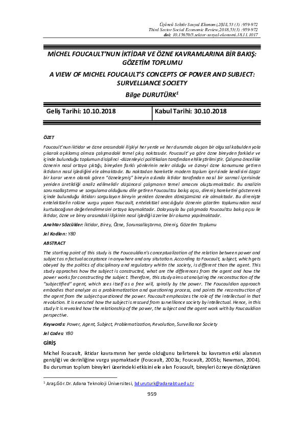 (PDF) Michel Foucault’Nun İkti̇dar Ve Özne Kavramlarina Bi̇r Bakiş: Gözeti̇m Toplumu