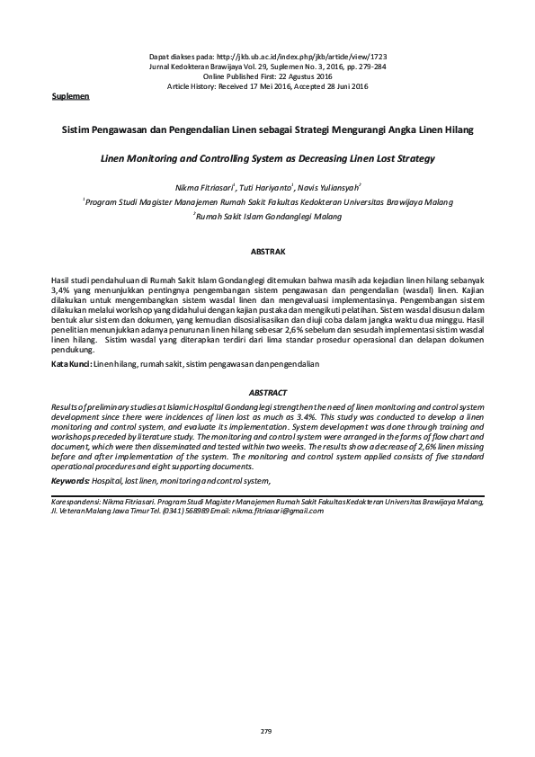 (PDF) Linen Monitoring and Controlling System as Decreasing Linen Lost ...