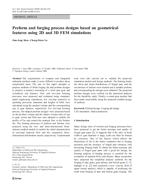 (PDF) Preform and forging process designs based on geometrical features using 2D and 3D FEM ...