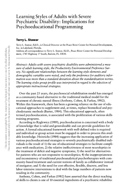 (PDF) Learning styles of adults with severe psychiatric disability ...