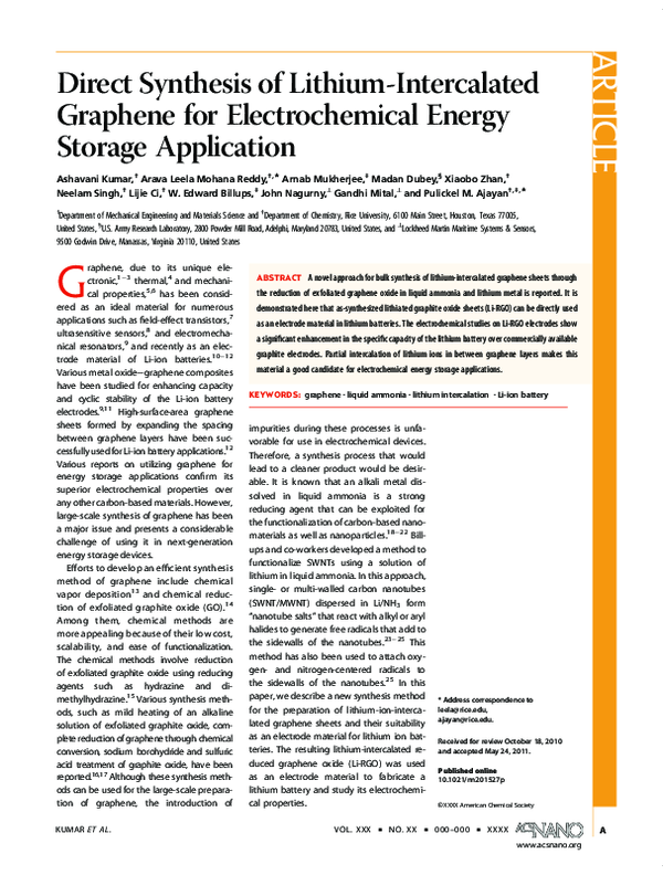 Pdf Direct Synthesis Of Lithium Intercalated Graphene For