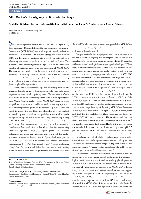 (PDF) MERS-CoV: Bridging the Knowledge Gaps | Osama Ahmed - Academia.edu