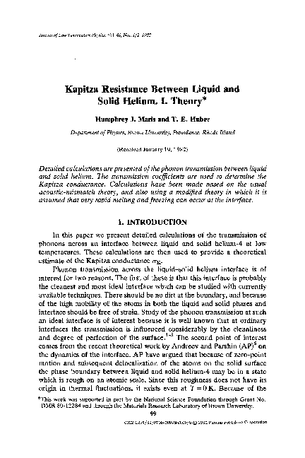 (PDF) Kapitza resistance between liquid and solid helium. I. Theory