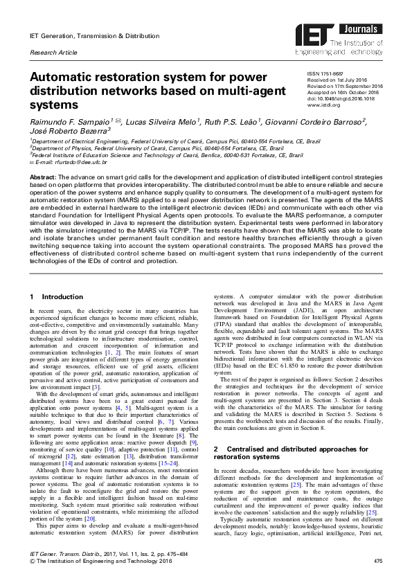 Pdf Automatic Restoration System For Power Distribution Networks Based On Multi Agent Systems