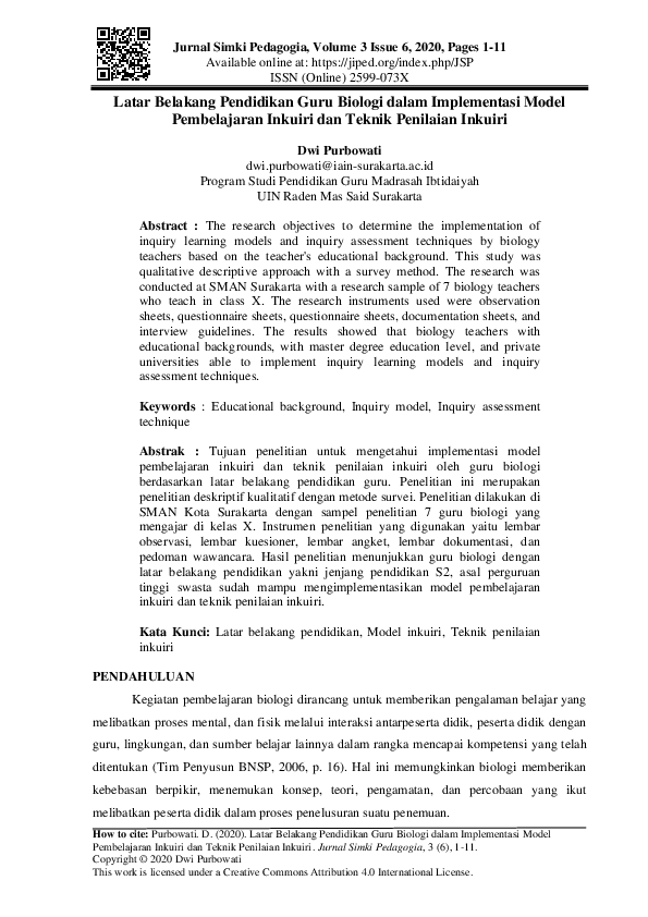 (PDF) Latar Belakang Pendidikan Guru Biologi dalam Implementasi Model Pembelajaran Inkuiri dan ...