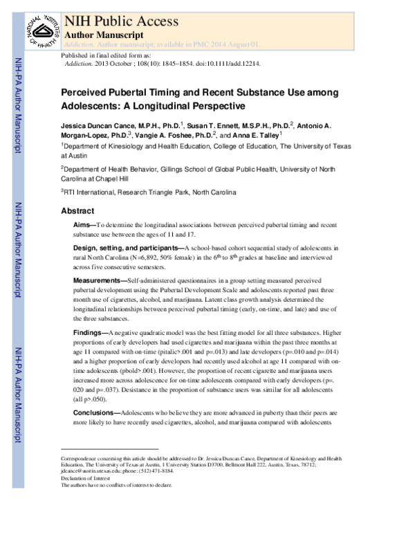 Pdf Perceived Pubertal Timing And Recent Substance Use Among