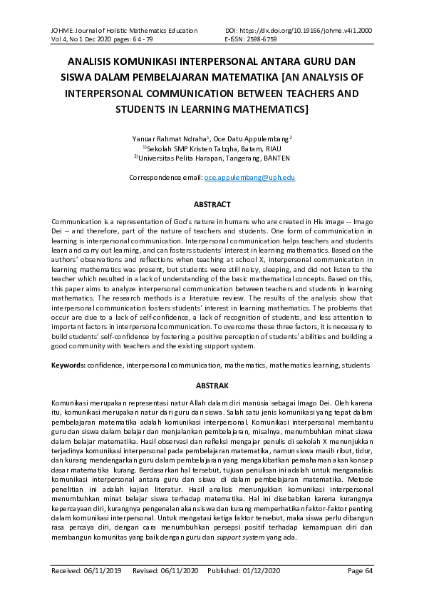(PDF) Analisis Komunikasi Interpersonal Antara Guru Dan Siswa Dalam Pembelajaran Matematika [An ...