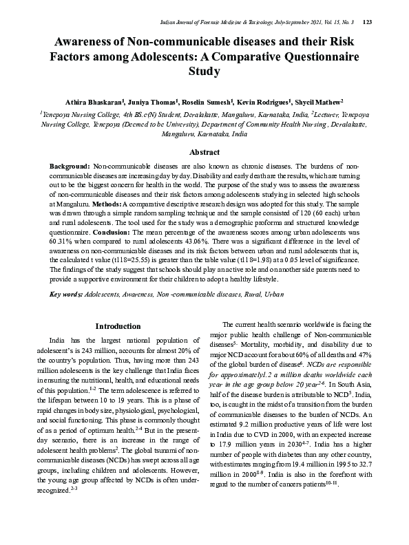 (PDF) Awareness of Non-communicable diseases and their Risk Factors ...