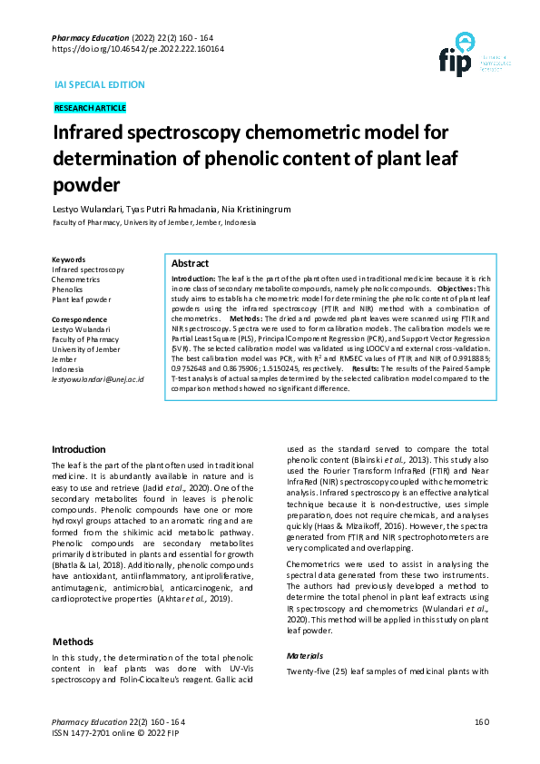 (PDF) Infrared spectroscopy chemometric model for determination of ...