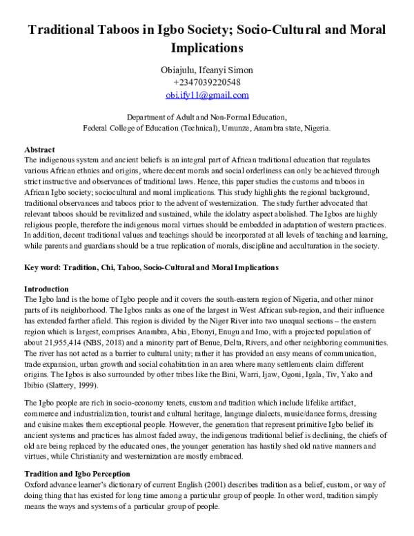 (DOC) Traditional Taboos in Igbo Society; Socio-Cultural and Moral ...