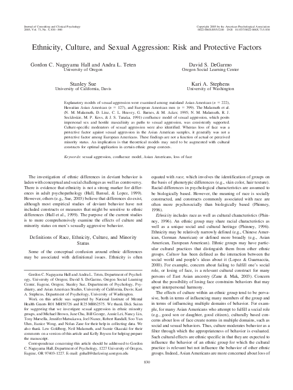 Pdf Ethnicity Culture And Sexual Aggression Risk And Protective 3365