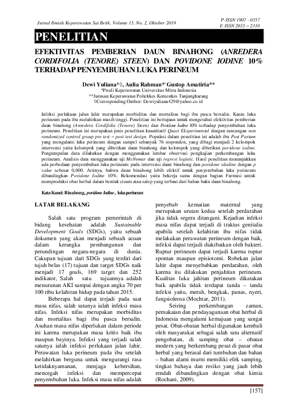 (PDF) Efektivitas Pemberian Daun Binahong (Anredera cordifolia (tenore) steen) dan Povidone ...