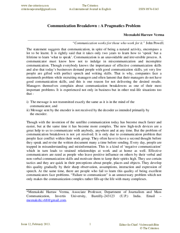 (PDF) Communication Breakdown : A Pragmatics Problem