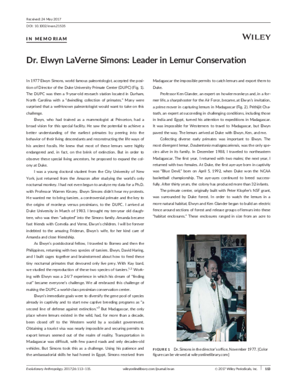 (PDF) Dr. Elwyn LaVerne Simons: Leader in Lemur Conservation | Patricia ...
