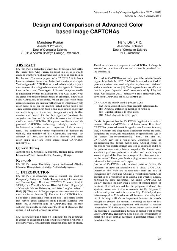 (PDF) Design and Comparison of Advanced Color based Image CAPTCHAs