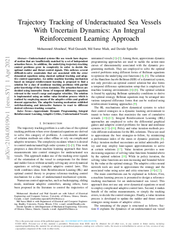(PDF) Trajectory Tracking of Underactuated Sea Vessels With Uncertain ...