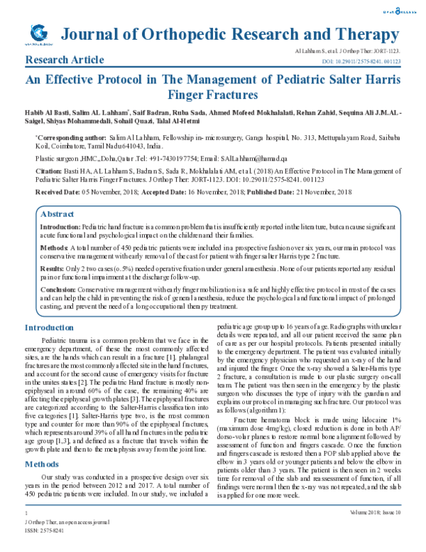 (PDF) An Effective Protocol in the Management of Pediatric Salter ...