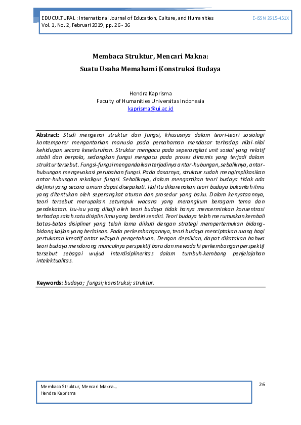 (PDF) Membaca Struktur, Mencari Makna: Suatu Usaha Memahami Konstruksi Budaya