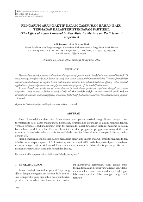 (PDF) Pengaruh Arang Aktif Dalam Campuran Bahan Baku Terhadap Karakteristik Papan Partikel