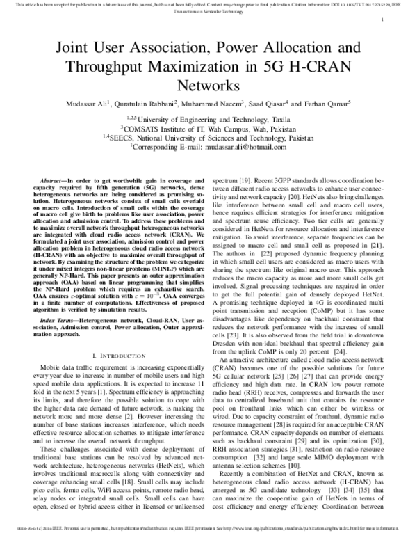 Pdf Joint User Association Power Allocation And Throughput