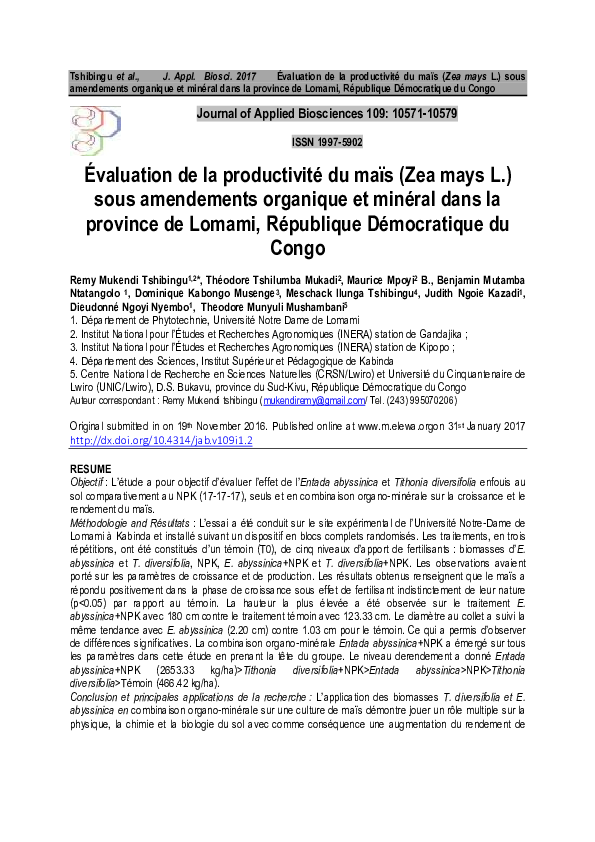 (PDF) Évaluation de la productivité du maïs ( Zea mays L.) sous ...