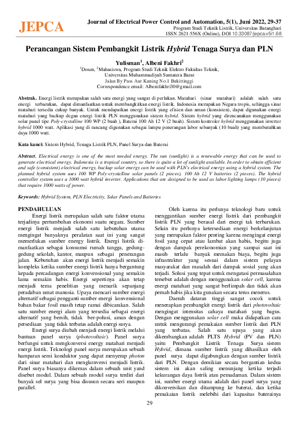 (PDF) Perancangan Sistem Pembangkit Listrik Hybrid Tenaga Surya dan PLN