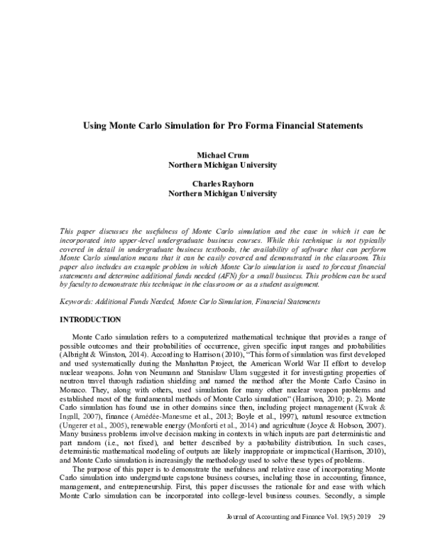 (PDF) Using Monte Carlo Simulation for Pro Forma Financial Statements