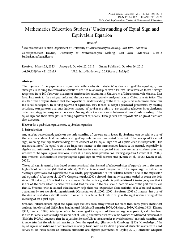 (PDF) Mathematics Education Students’ Understanding of Equal Sign and ...