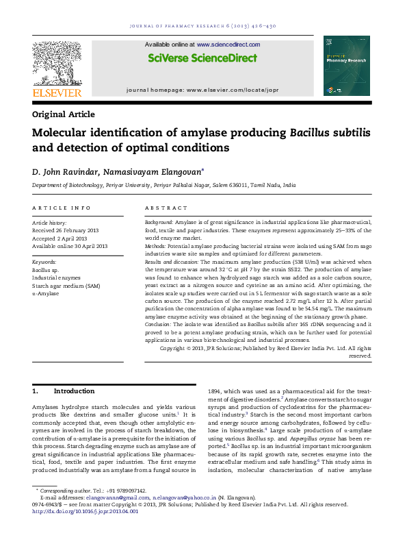 (PDF) Molecular identification of amylase producing Bacillus subtilis ...