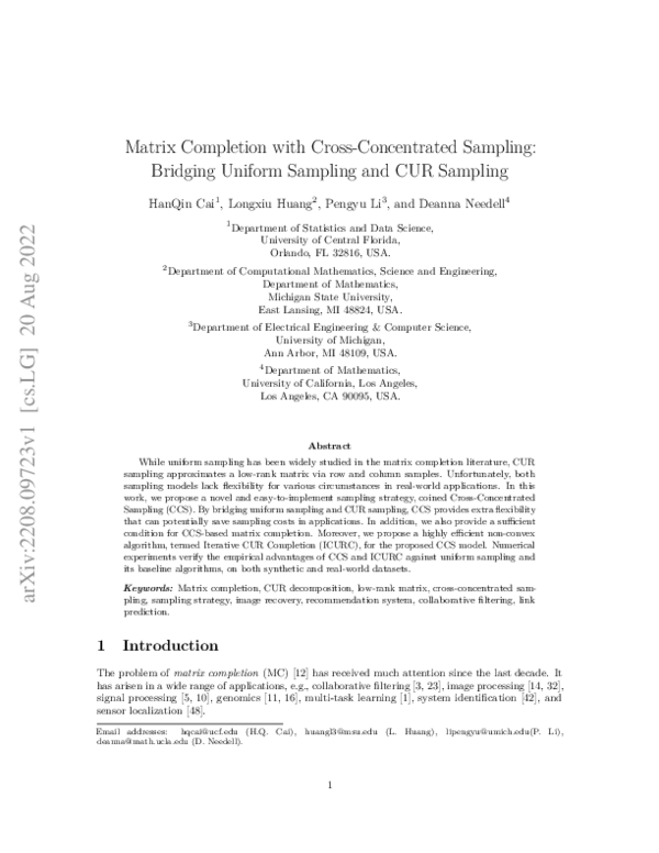 (PDF) Matrix Completion with Cross-Concentrated Sampling: Bridging Uniform Sampling and CUR Sampling