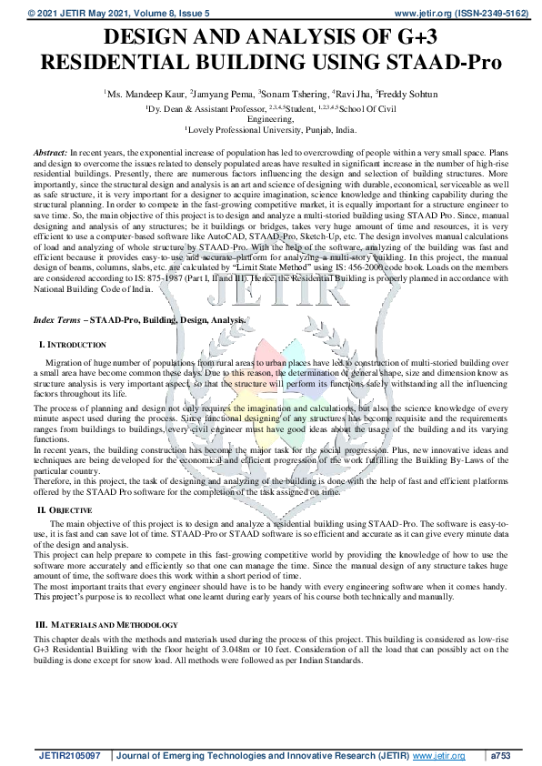 (PDF) DESIGN AND ANALYSIS OF G+3 RESIDENTIAL BUILDING USING STAAD-Pro