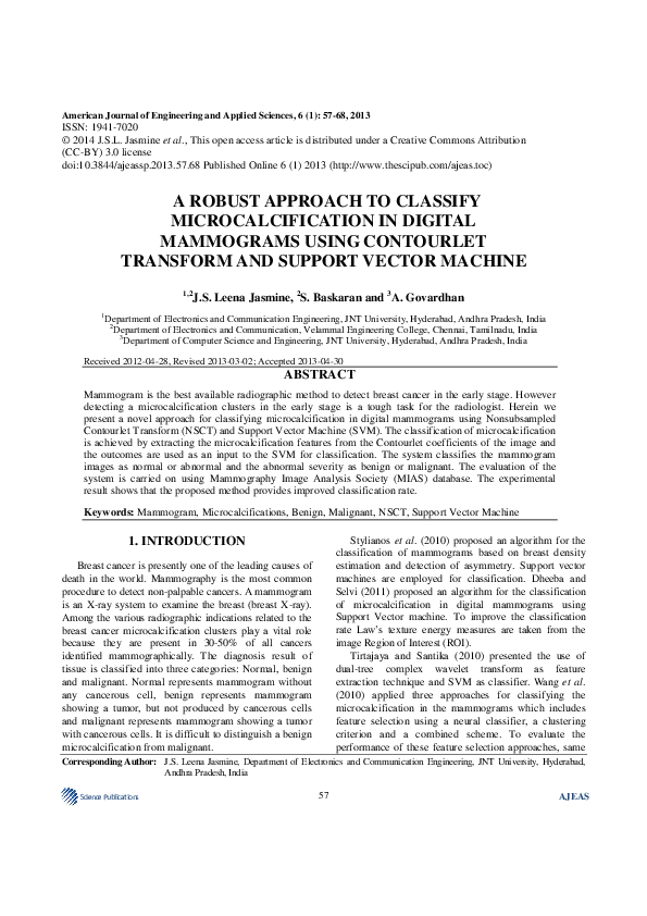 Pdf A Robust Approach To Classify Microcalcification In Digital Mammograms Using Contourlet