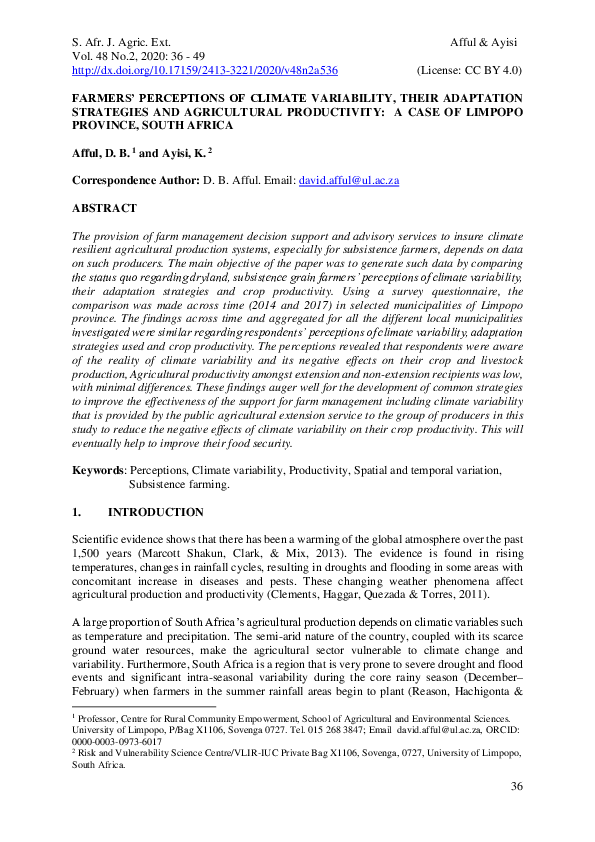 (PDF) Farmers' perceptions of climate variability, their adaptation strategies and agricultural ...