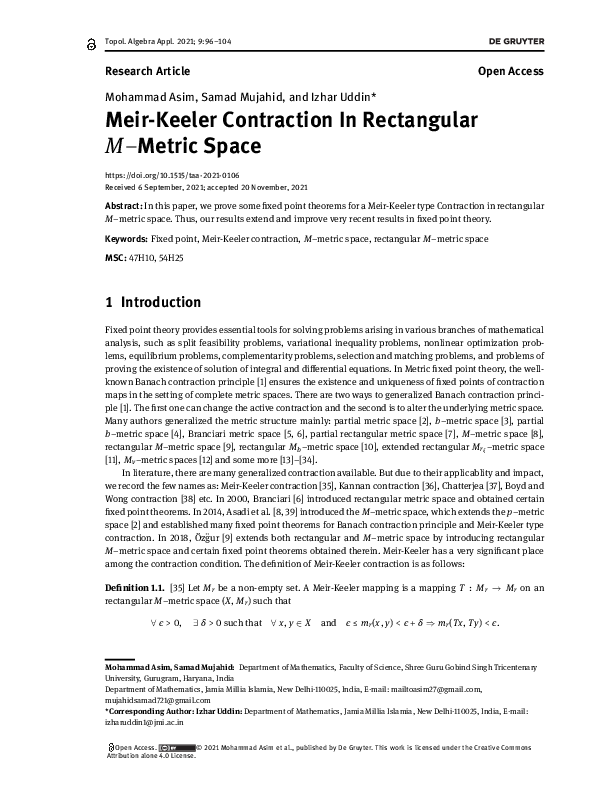 Pdf Meir Keeler Contraction In Rectangular M−metric Space Izhar Uddin
