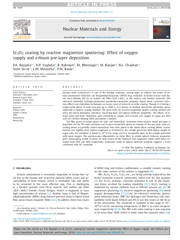 (PDF) Er2O3 coating by reactive magnetron sputtering: Effect of oxygen ...