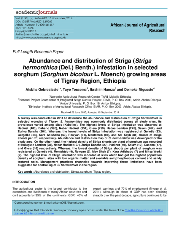 (PDF) Abundance and distribution of Striga (Striga hermonthica (Del ...