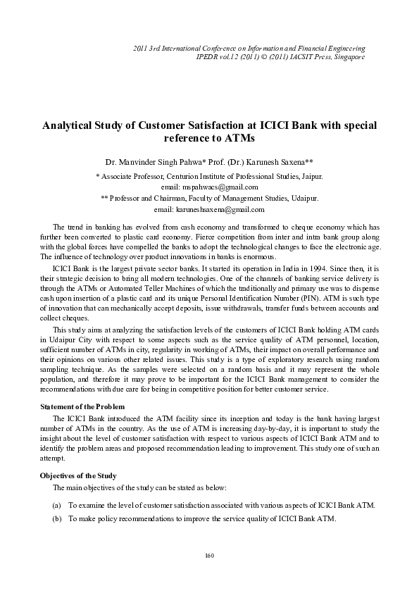 (PDF) Analytical Study of Customer Satisfaction at ICICI Bank with special reference to ATMs