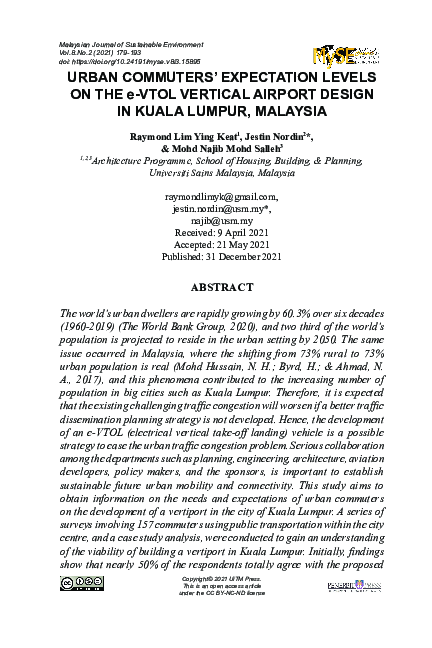 (PDF) URBAN COMMUTERS’ EXPECTATION LEVELS ON THE e-VTOL VERTICAL ...