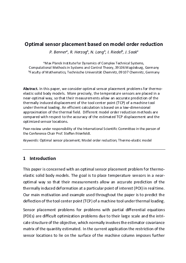 (PDF) Optimal Sensor Placement based on Model Order Reduction