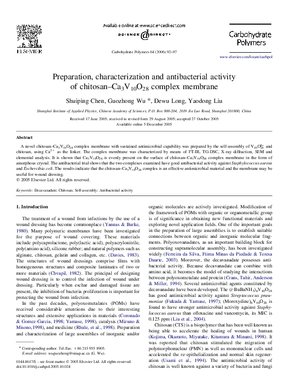 (PDF) Antibacterial Chitosan-Ca3V10O28 Membrane